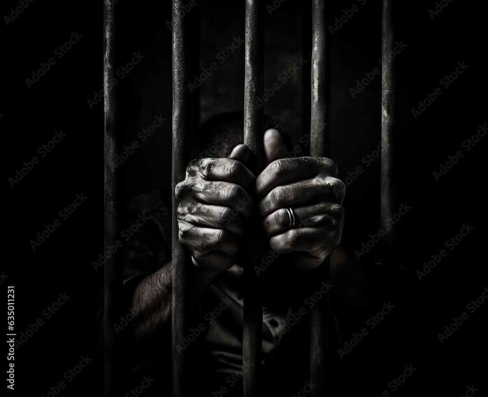 Man in Jail or Prison grabbing the iron bars of his prison cell ...
