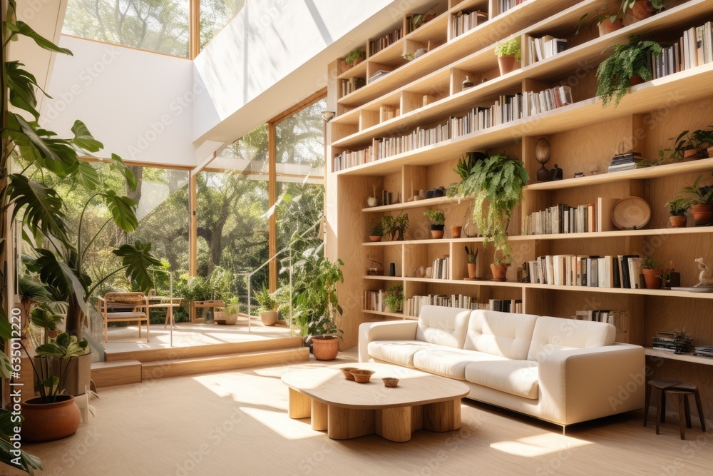 Biophilic design with indoor plants, white interior, light wood ...