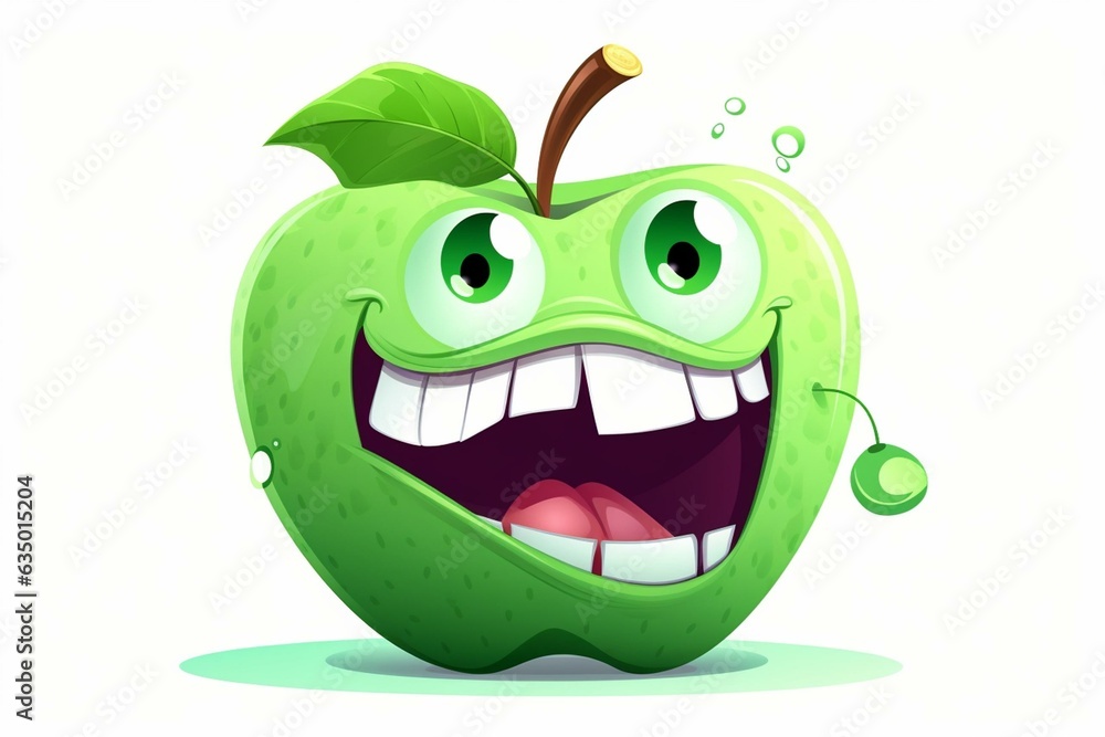 Cartoon-style green apple with big teeth munching on fruits. Generative ...