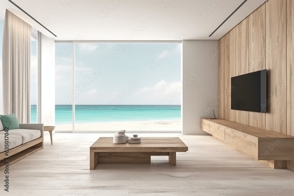 Luxury beach house living room with sea view, wooden cabinet and TV ...