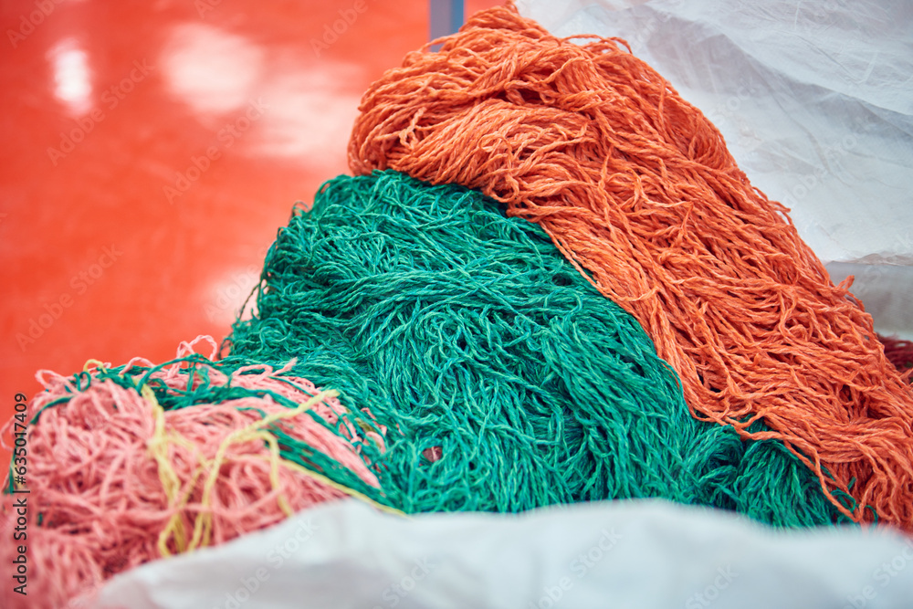 Cotton threads in industrial cotton in a weaving factory, machine ...