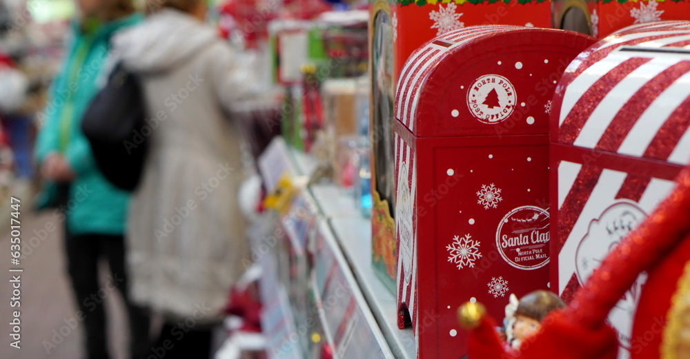 red chests for Christmas gifts from Santa Claus on supermarket shelves ...