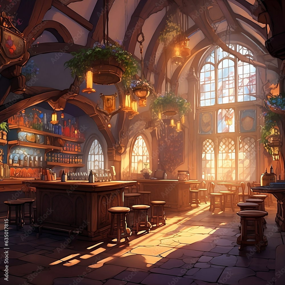 intage cartoon 2d pastels, tavern interior, with tall, large people ...