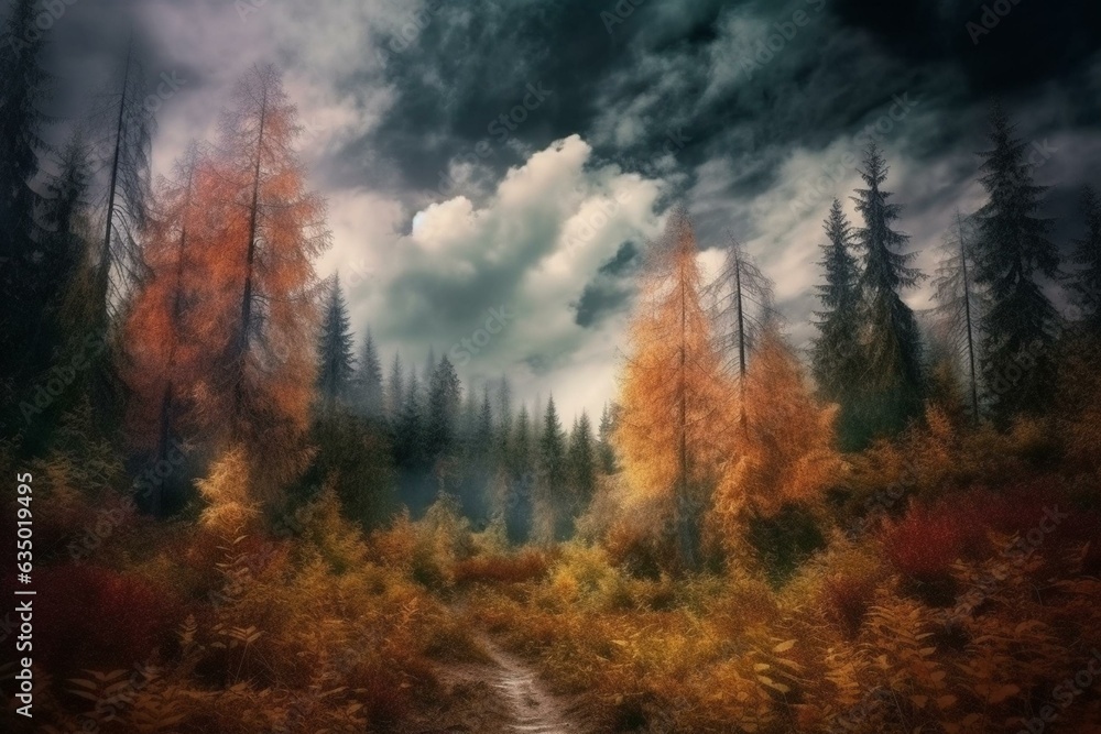 Enchanted forest remains, surreal dreamscape of pine trees, mystical ...