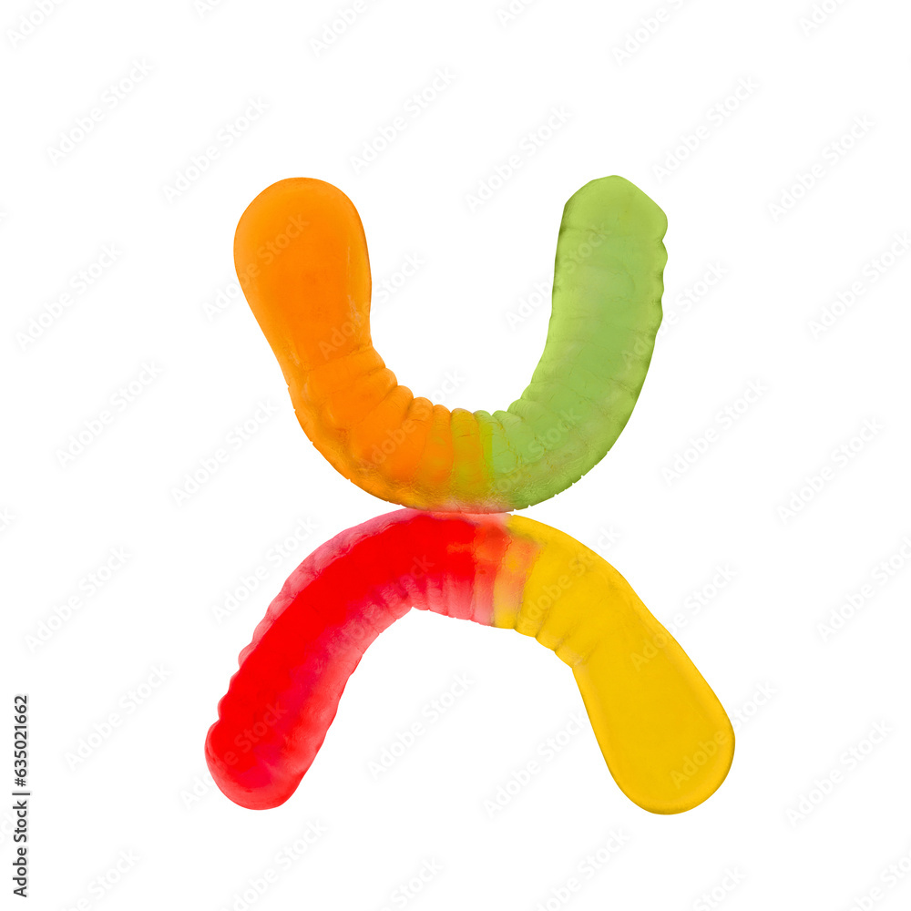 Letter X made of multicolored gummi worms and isolated on transparent ...