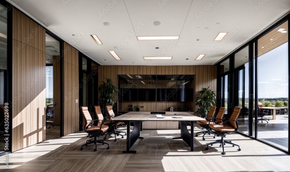 Modern Conference Room with Wooden Ceiling and Large Windows Stock ...