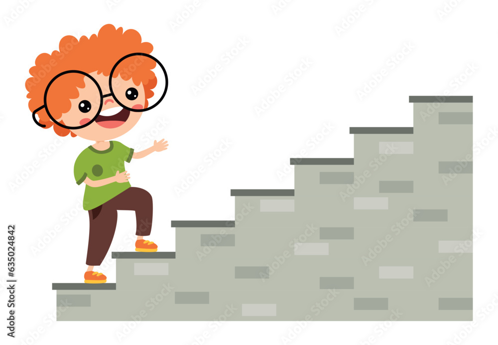 Cartoon Kid Walking On Stairs Stock Vector | Adobe Stock