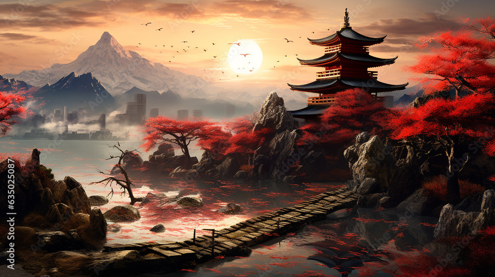 beautiful japanese landscape with temple, blooming sakura trees in the ...