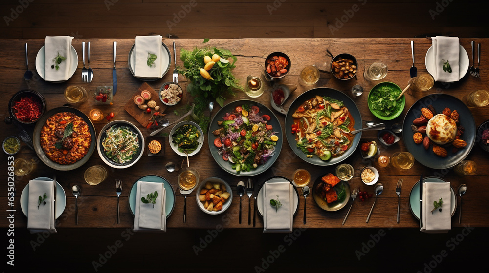 Table with food. The table is set for the festive dinner. Top view. A ...