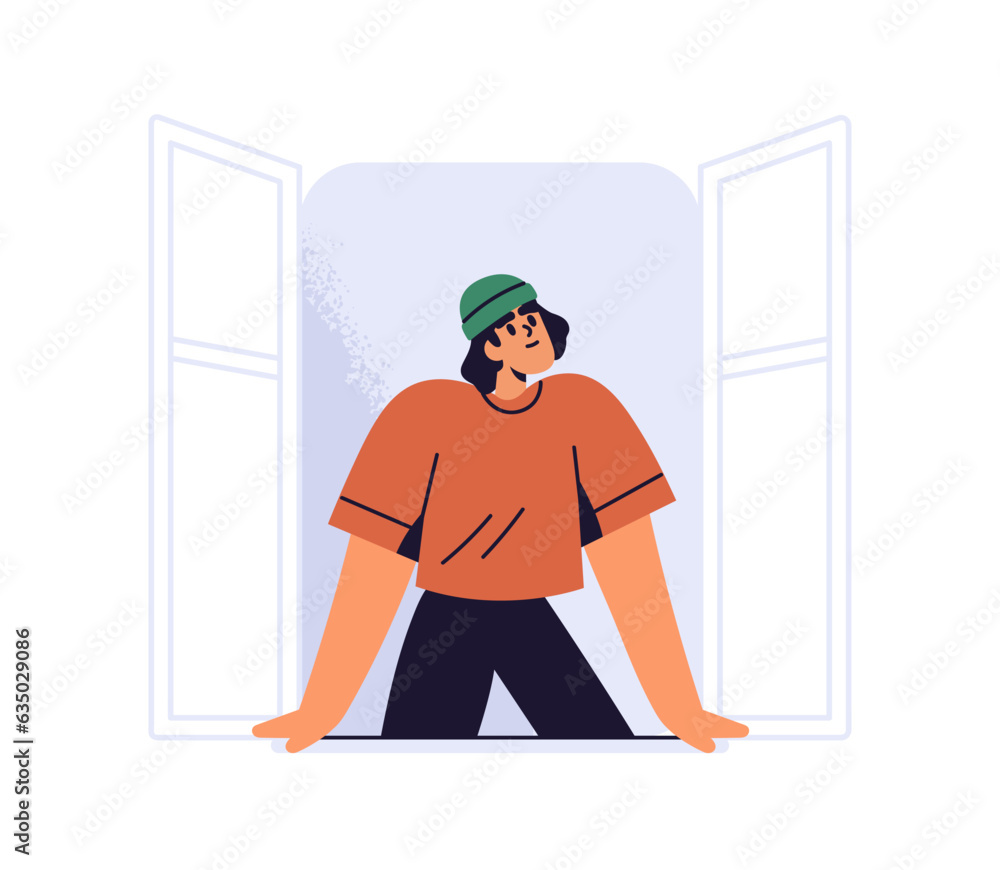 Person looking out of window wide open. Man breathing fresh air ...