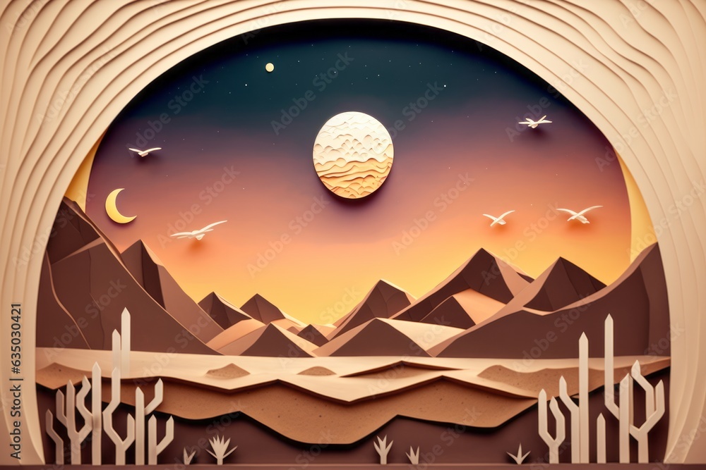 night sky over sand hills in the desert. paper art style. Japanese ...