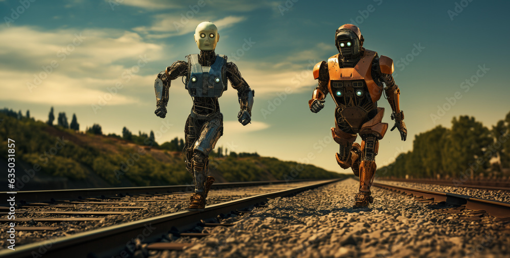 hyper real photography field and track relay running two robot ...