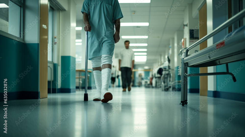 Generative AI, broken leg in plaster, white bandages, limb fracture ...