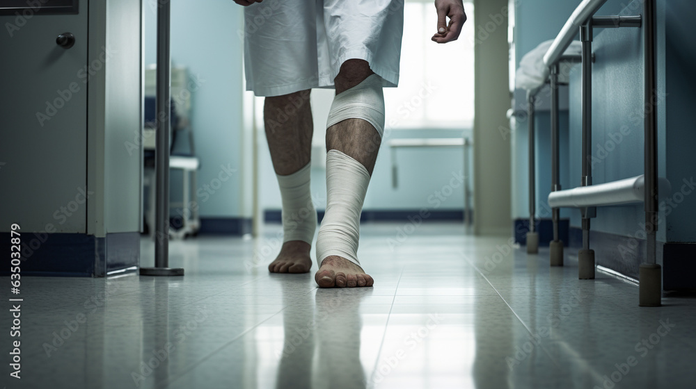Generative AI, broken leg in plaster, white bandages, limb fracture ...