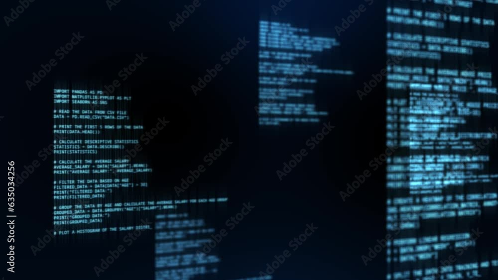 Abstract computer code software running in a virtual space.Programming code with on dark blue ...
