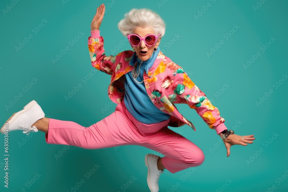 funny old lady doing gymnastics or dancing on colored background Stock ...
