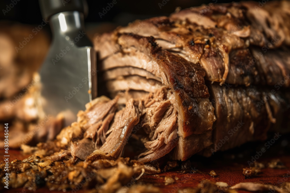 Shawarma meat, sliced with a sharp knife, reveals succulent texture ...