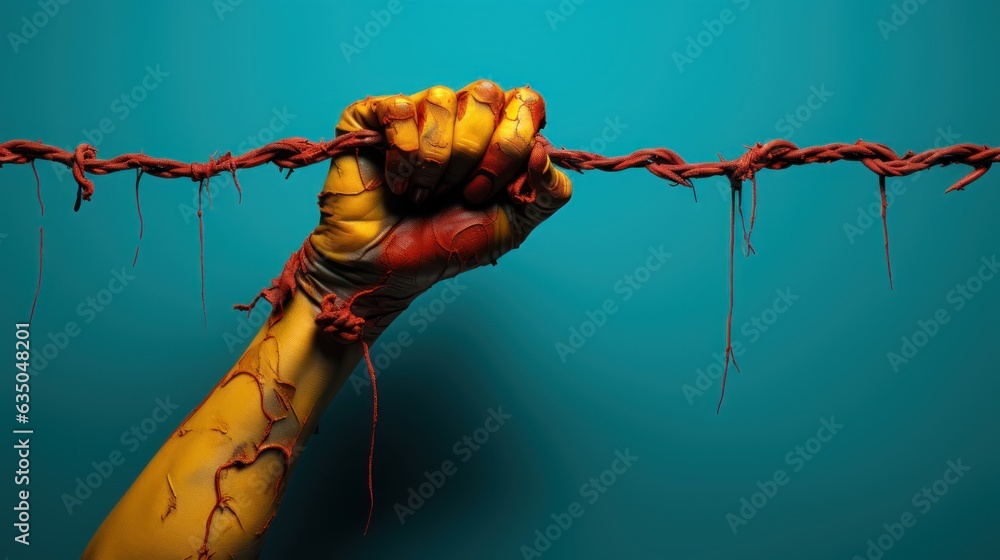 Depict a chained hand breaking free from the shackles, representing ...