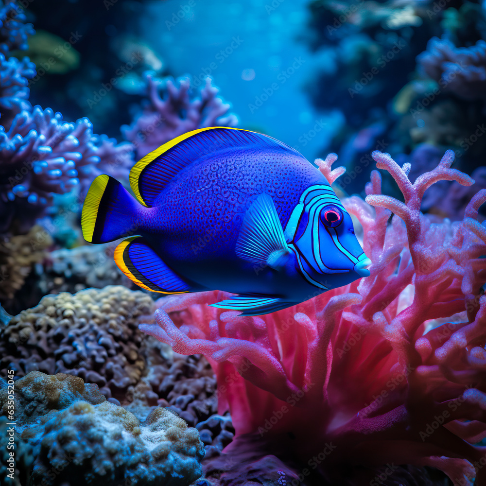 Beautiful Blue Coral fish on a stunning Coral Reef. Could be a tang or ...