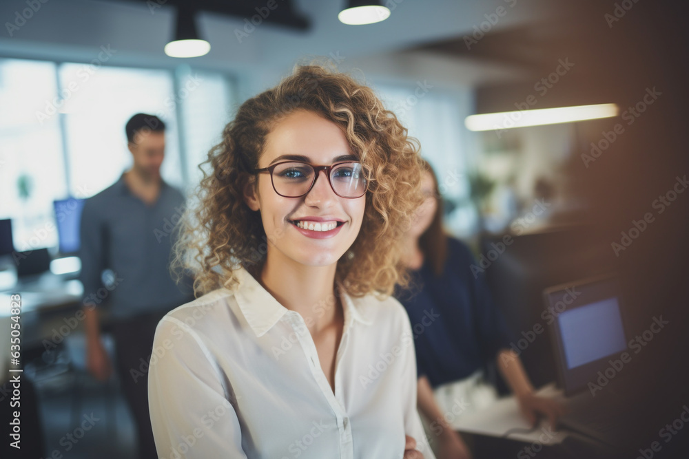 happy professional Caucasian woman can be seen diligently working at ...