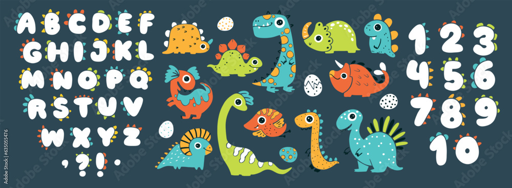 Dino collection with alphabet and numbers. Funny comic font in simple ...