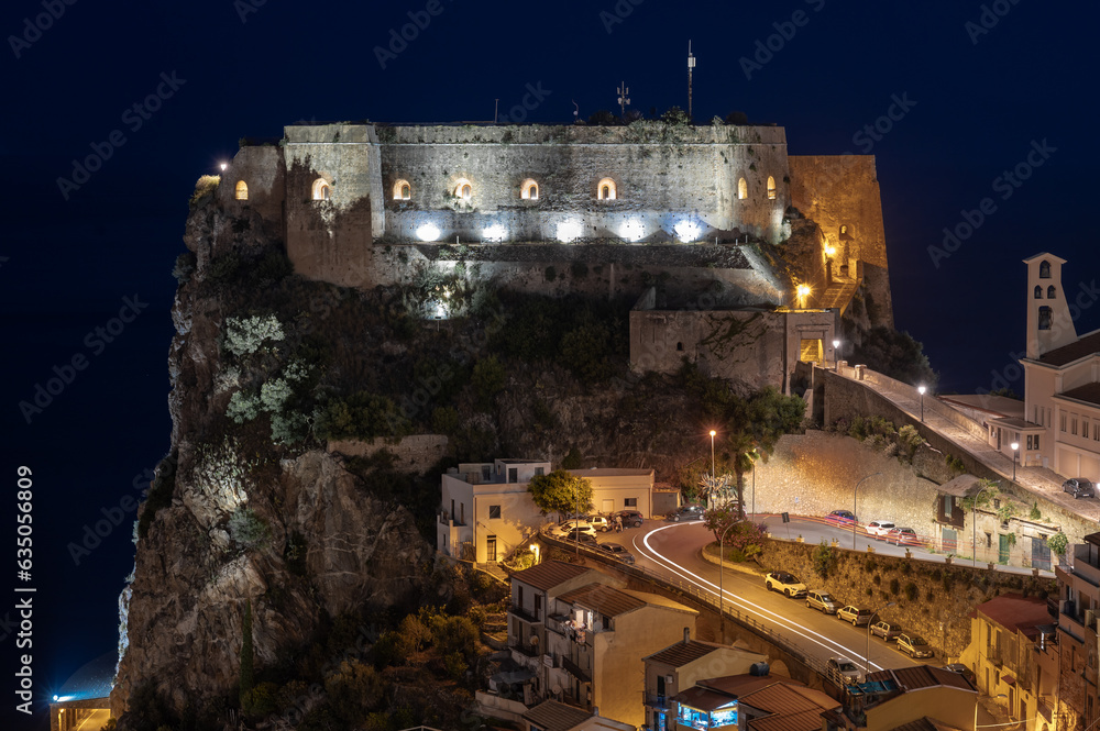 Italy, August 10, 2023: night view of the Ruffo di Scilla castle which ...