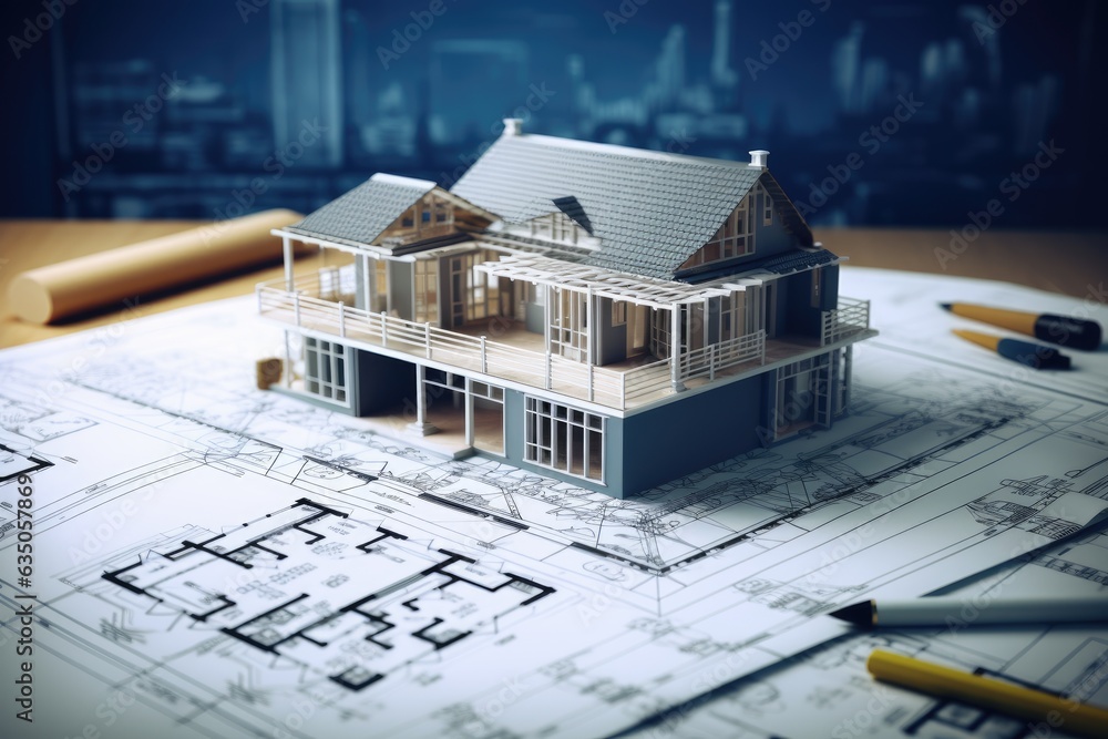 Building house on blueprints - construction project, ai generated Stock ...