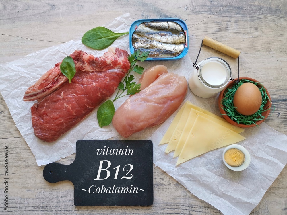 Healthy food rich in vitamin B12 (cobalamin). Natural food sources of ...