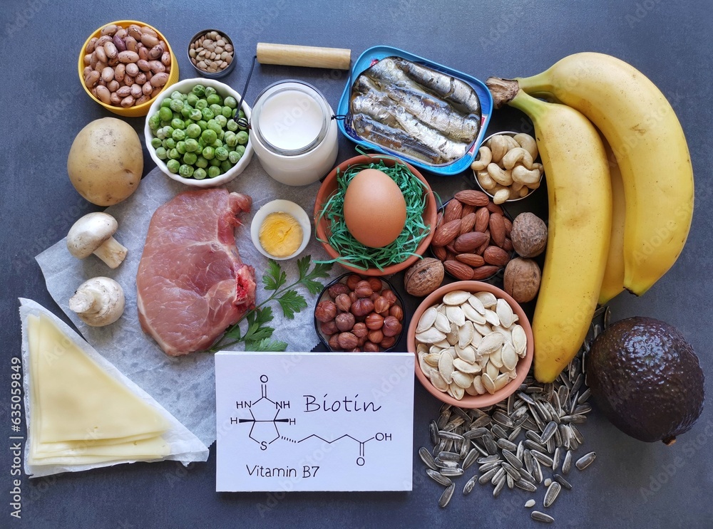 Healthy food rich in vitamin B7 (biotin) with structural chemical ...
