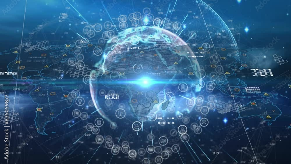 Animation of multiple icons, circle around globe with lens flares over ...