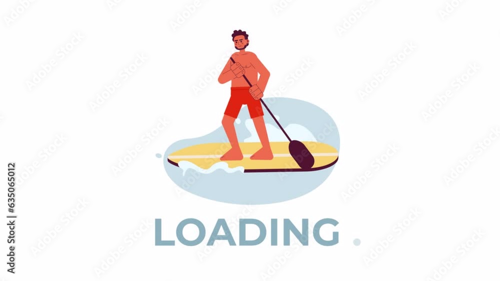 Indian man paddleboarding on lake 2D loading animation. Guy in swimwear ...