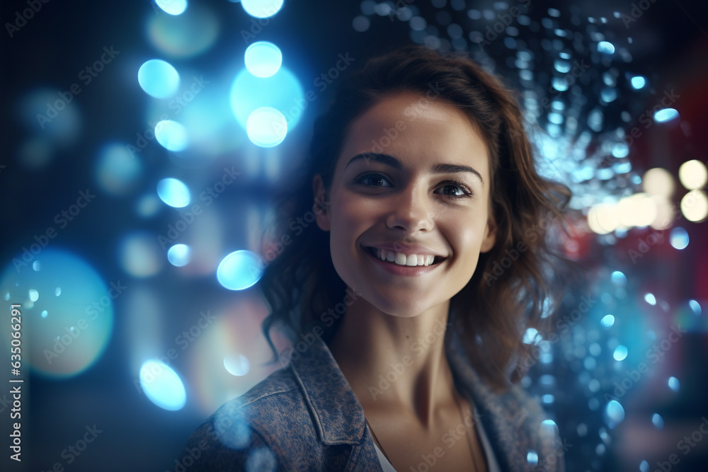 happy young woman enters a digital world with a vibrant 3D technology ...