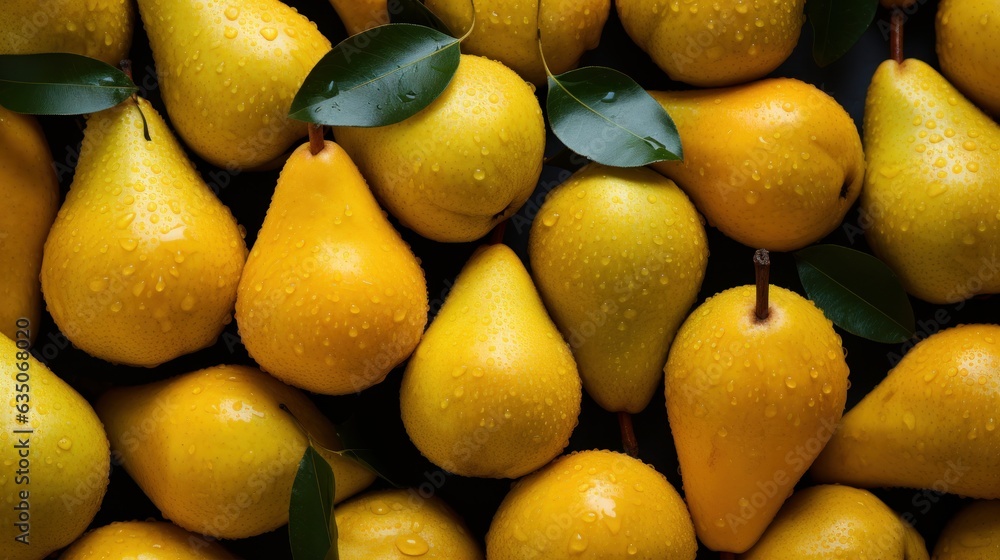 Idilly photo, banner background with ripe pears on the edges. Blank ...