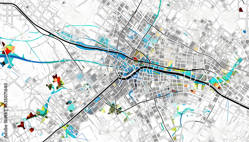 Colored City Map with Road Network, Detailed pointed map illustration ...
