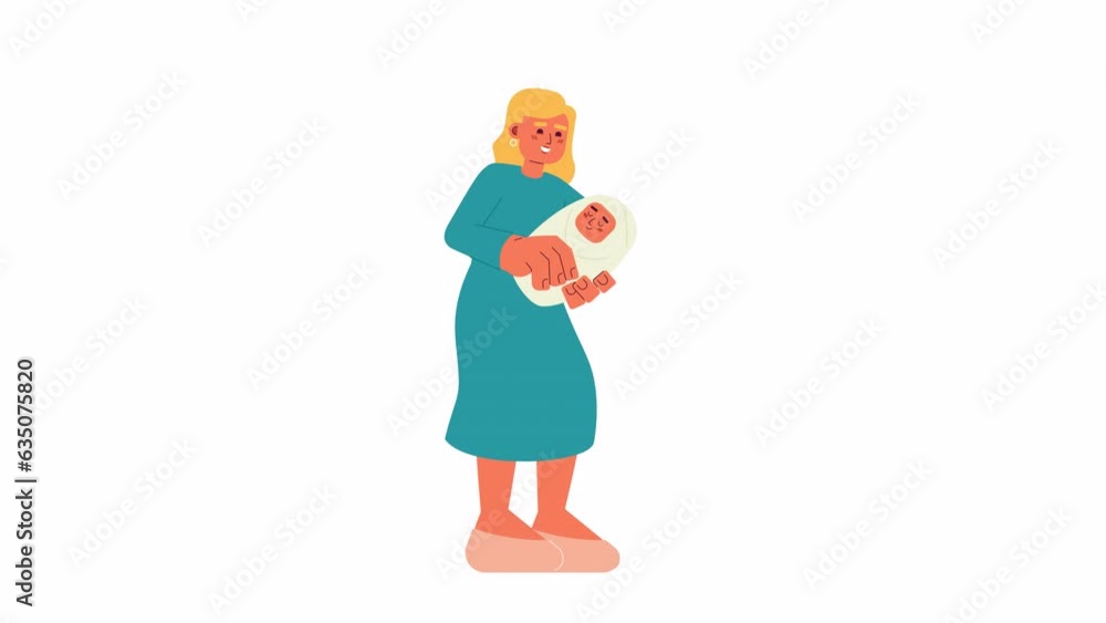 European happy mother with infant 2D characters animation. Carrying ...