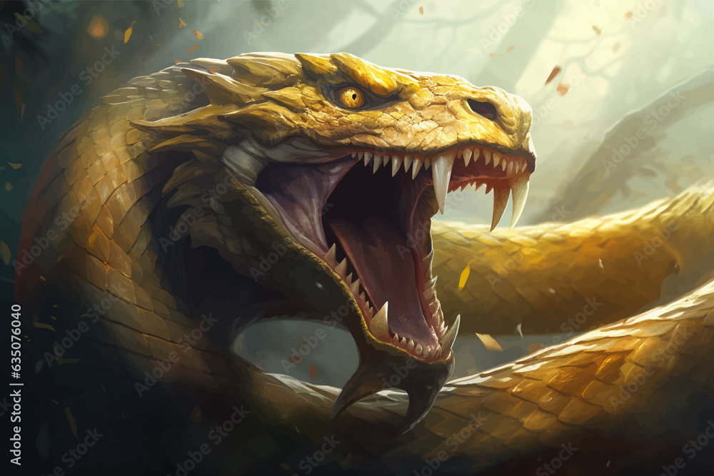 Snake head with sharp teeth in a forest. Dragon head. Fantasy Monster ...