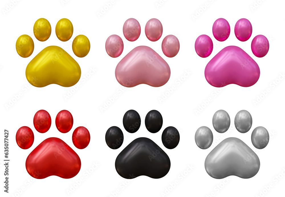 Set of dog or cat paw icons in 3d rendering isolated on transparent ...