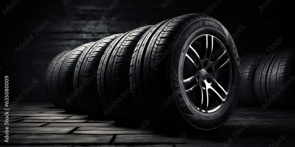 New tires pile on a dark black background. Tire fitting background with ...
