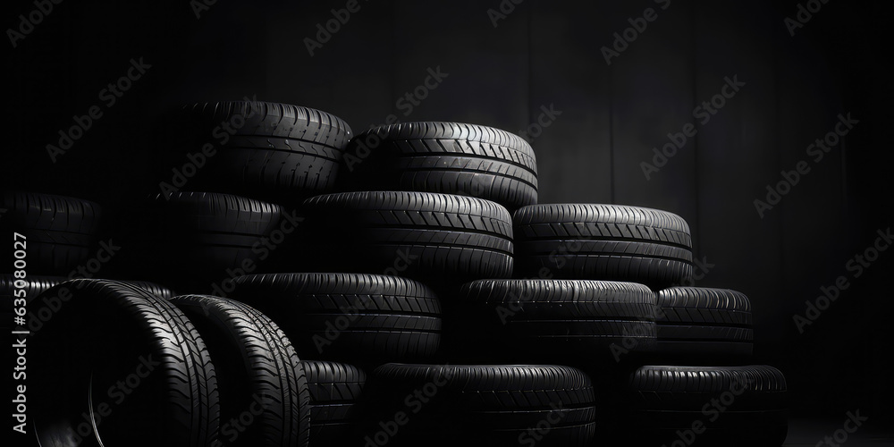 New tires pile on a dark black background. Tire fitting background with ...