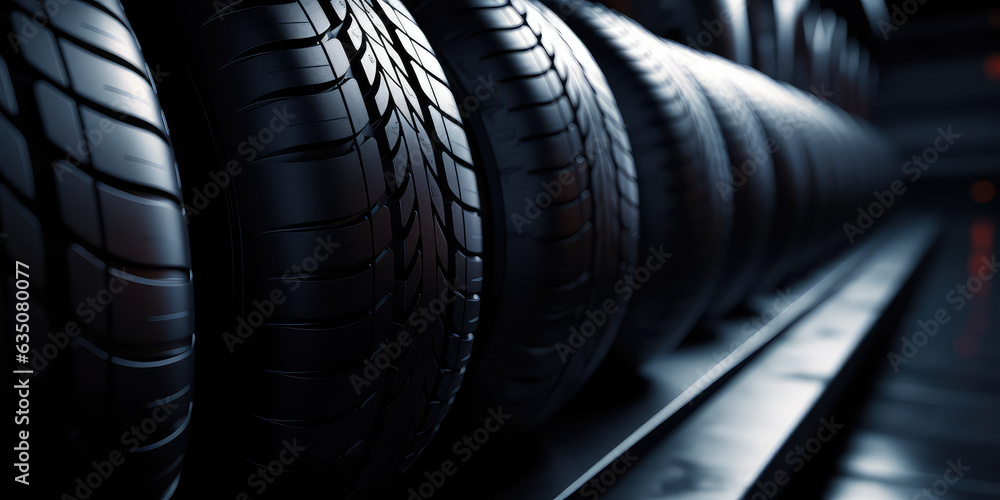 New tires pile on a dark black background. Tire fitting background with ...
