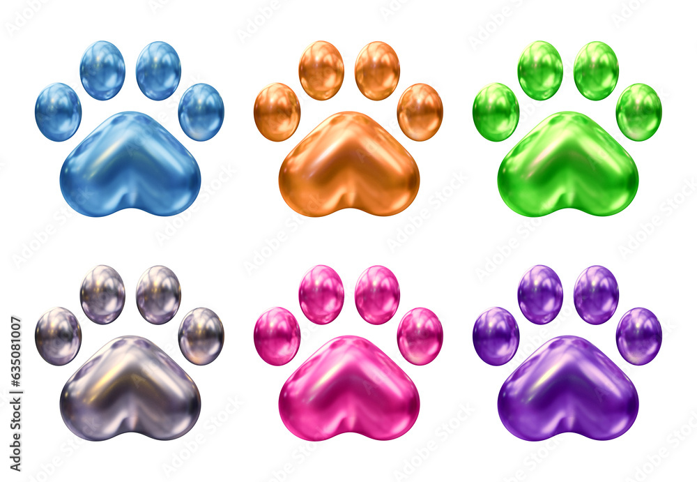 Set of dog or cat paw icons in 3d rendering isolated on transparent ...