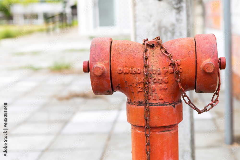 Old fire hydrant and rusty chain over blurred park background, vintage ...