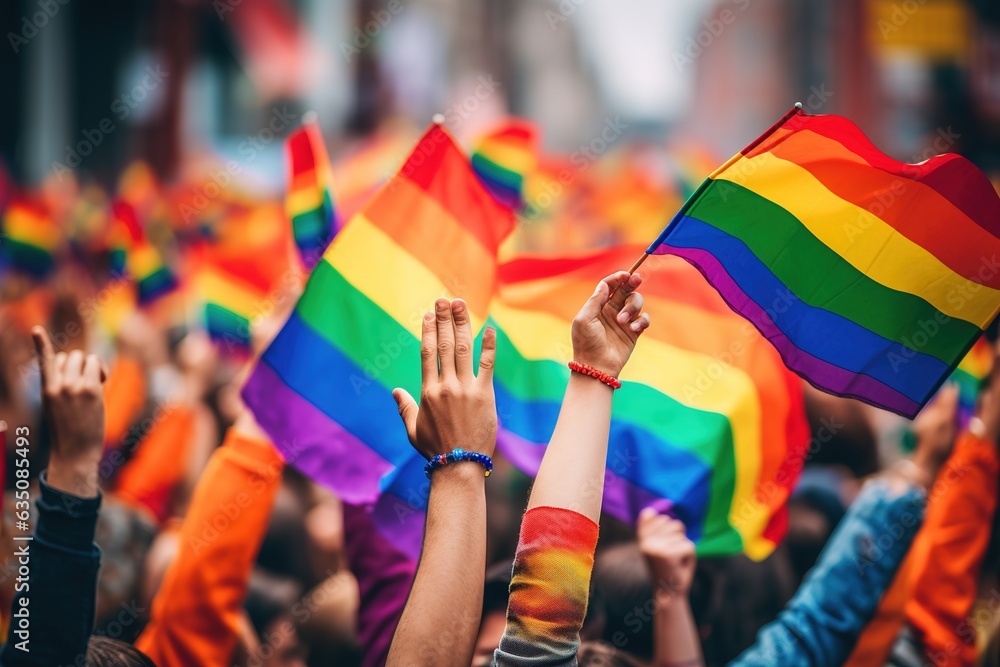 Back view of people with LGBT and Trans flags protest on the street ...