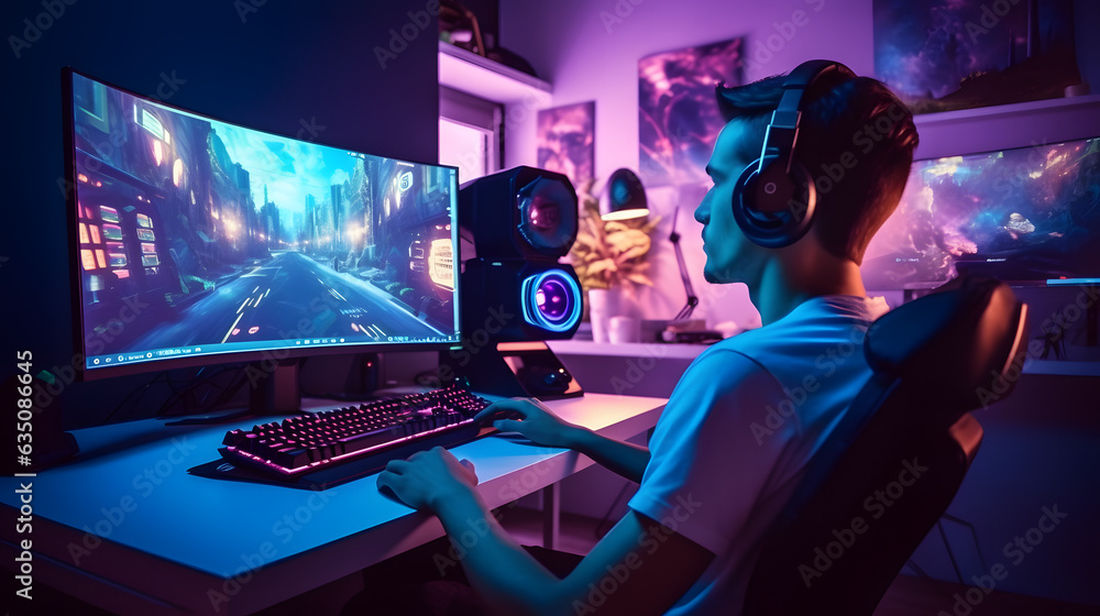 a handsome gamer guy gaming on his pc computer console with keyboard ...