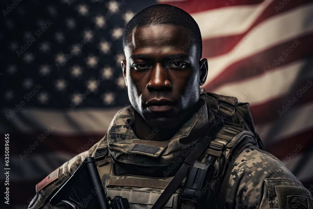 Portrait of serious african american adult male soldier with gun on ...