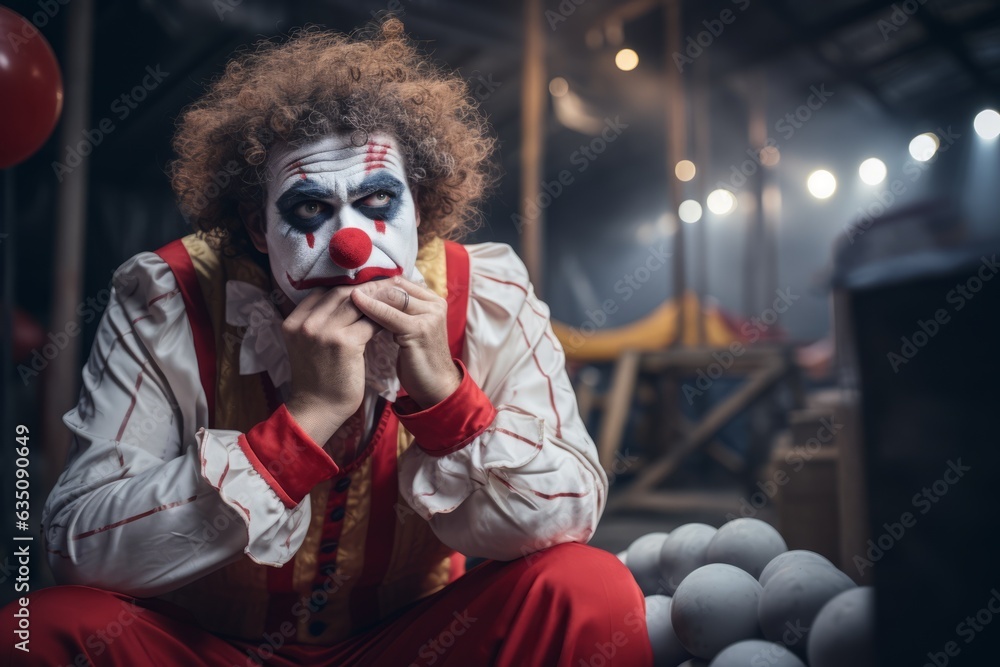 Sad clown biting fingers exhausted circus jester joker emotions unhappy ...