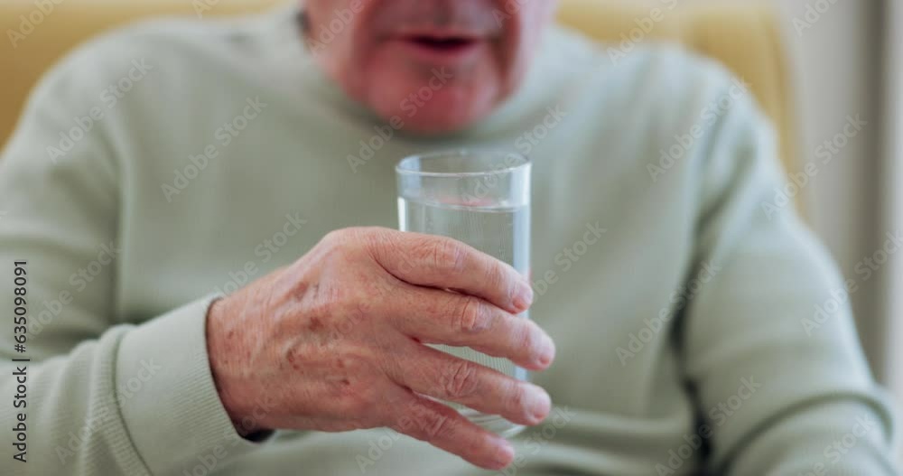 Health, hand or old man drinking water for wellness or hydration to ...