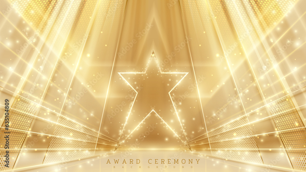 Luxury award ceremony stage scene with gold star frame elements and ...