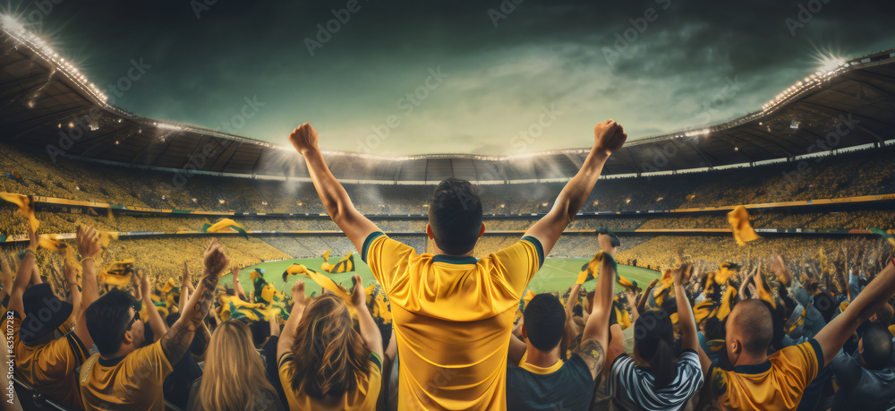 back view of fans screaming supporting australian team at world cup in ...