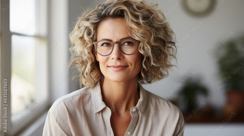 Mid aged adult confident European business woman with blonde curly hair ...